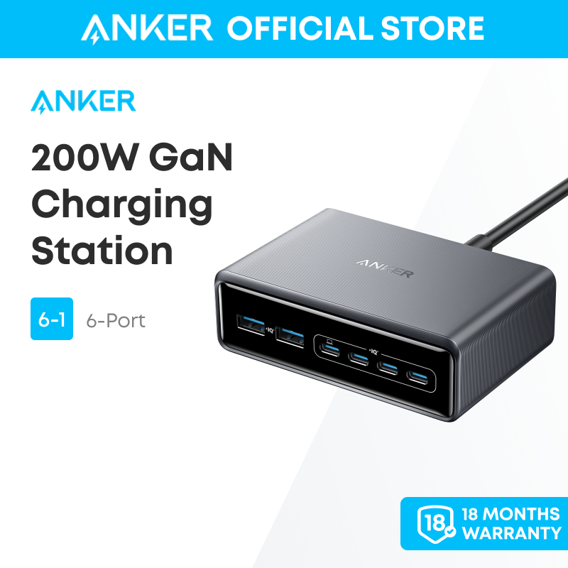 Anker Prime Charger, 200W 6-Port GaN Charging Station, USB-C PD Fast Charging Desktop Charger ...