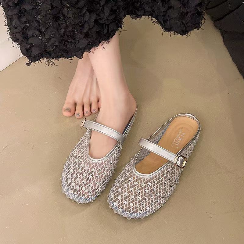 3cm Heightened Full Diamond Fishnet Shoes Flat Belt Buckle Ballet Shoes ...