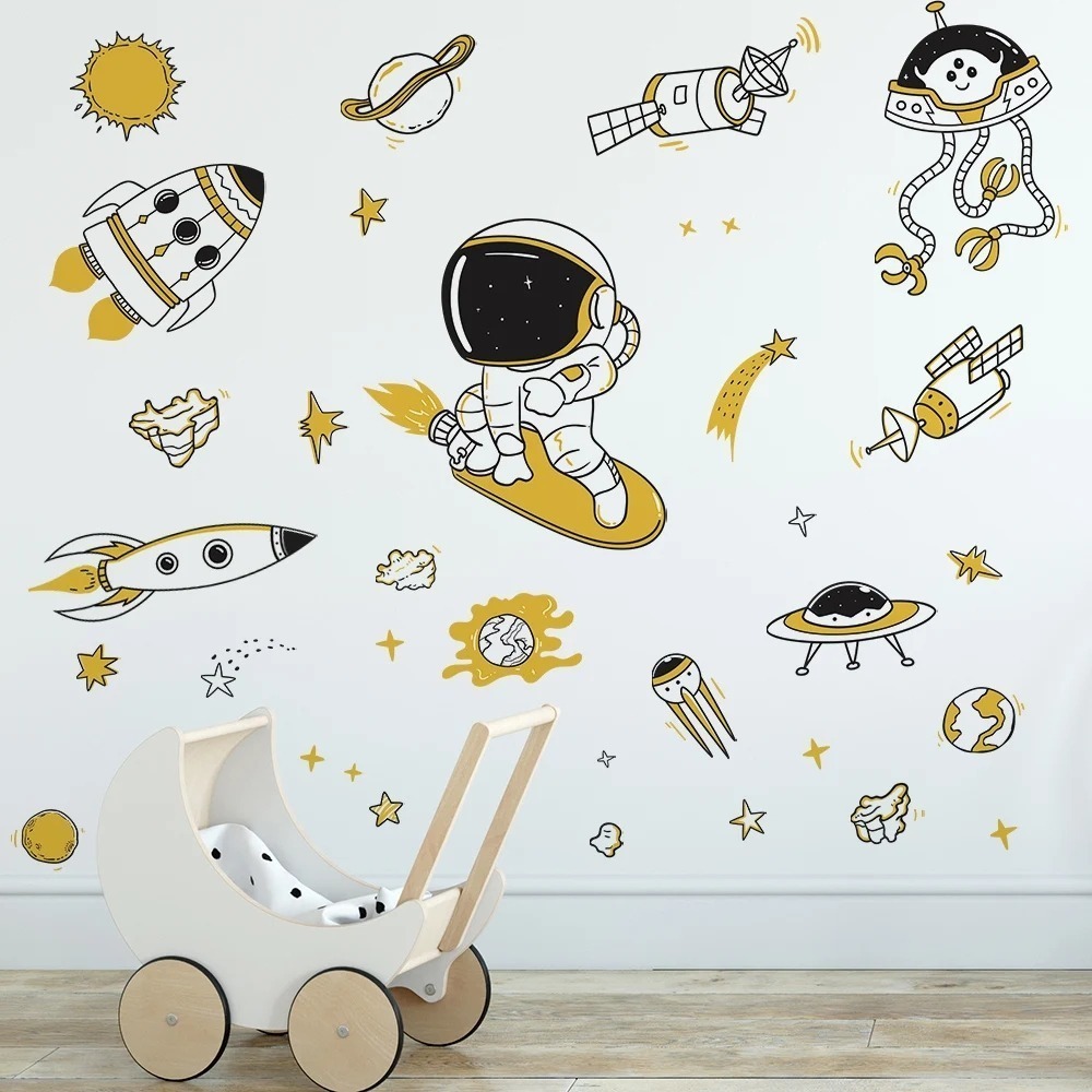Kids room Wall Stickers Cartoon Space Astronaut Wall Decals for Nursery Bedroom Room ...