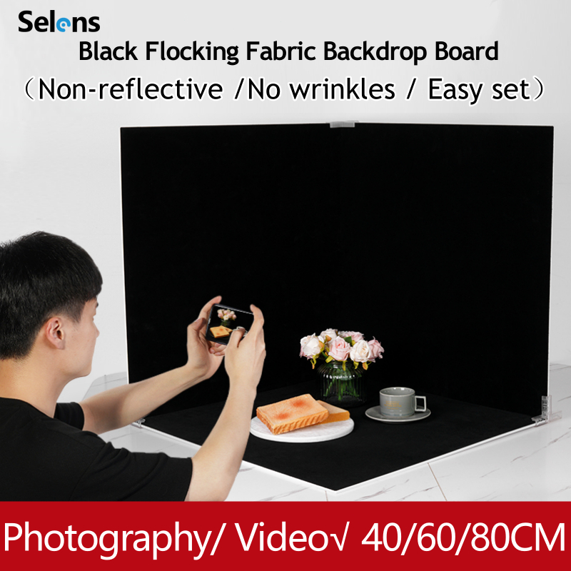 Selens Black Background Board Double Sided Black Flocking Fabric Photography Backdrop for Food ...