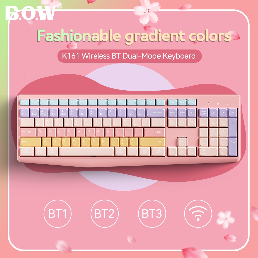 BOW K161D Cute Pink Wireless Keyboard Silent Keycaps Dual-mode Keyboard ...