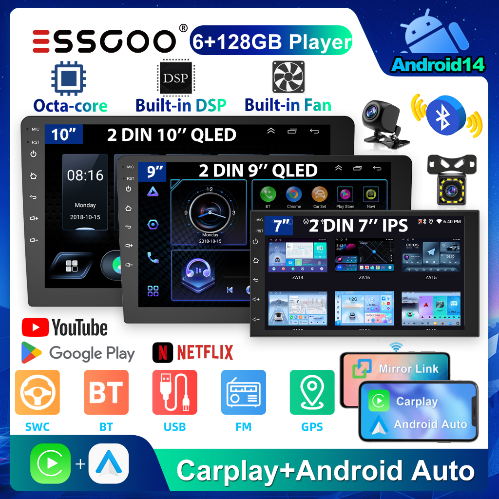 ESSGOO 6+128GB QLED Screen Carplay Android Auto 7"/9"/10" 2 Din Car Multimedia MP5 Player Built ...