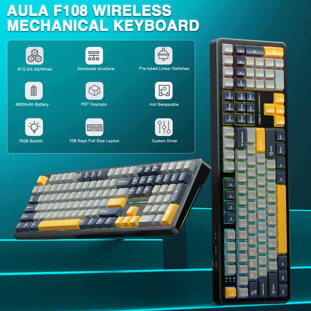 AULA F108 Customized Mechanical Keyboard 108 keys Tri-mode Hot swappable RGB light PBT Keycap ...