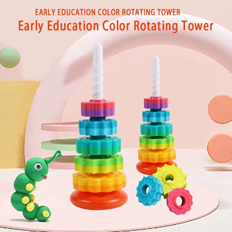 Baby Rainbow Stacking and Spinning Tower Toy Early Learning Training ...
