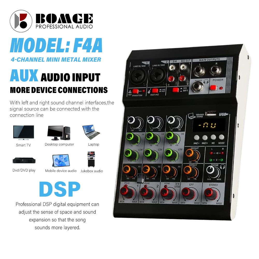BOMGE F4A Audio Mixer 4 Channel Mini Audio Mixer DJ Controller Mini Home KTV Karaoke Mixer USB ...