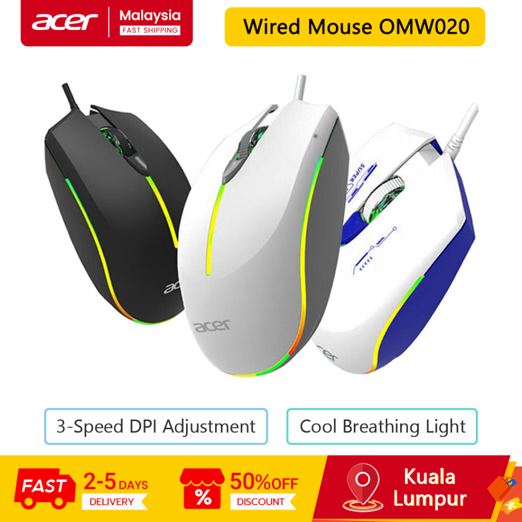 Acer Wired Mouse OMW020, With Breathing Light, 3 Speeds DPI, Gaming ...