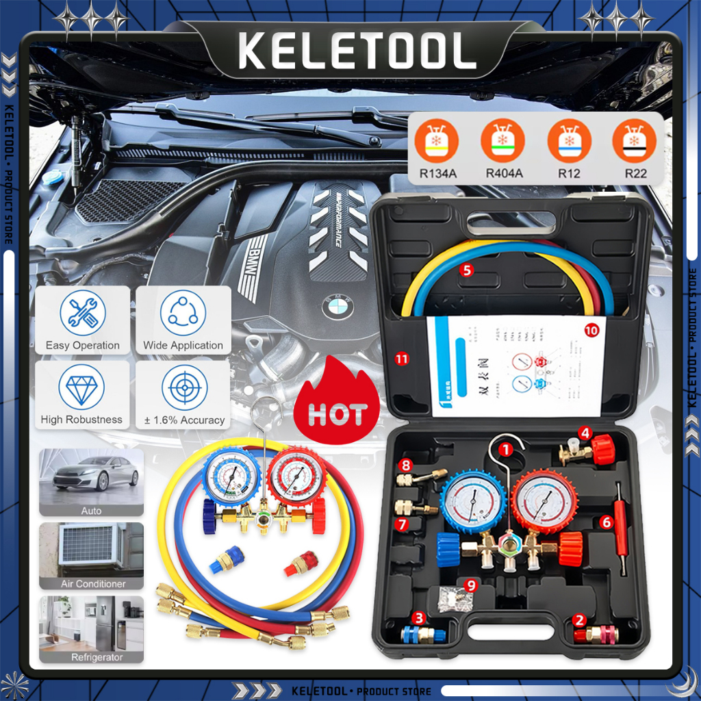 Manifold Gauge Set R134A R22 R404A R12 Gas Meter Car Aircond Home Aircond Penyaman Udara Kereta ...