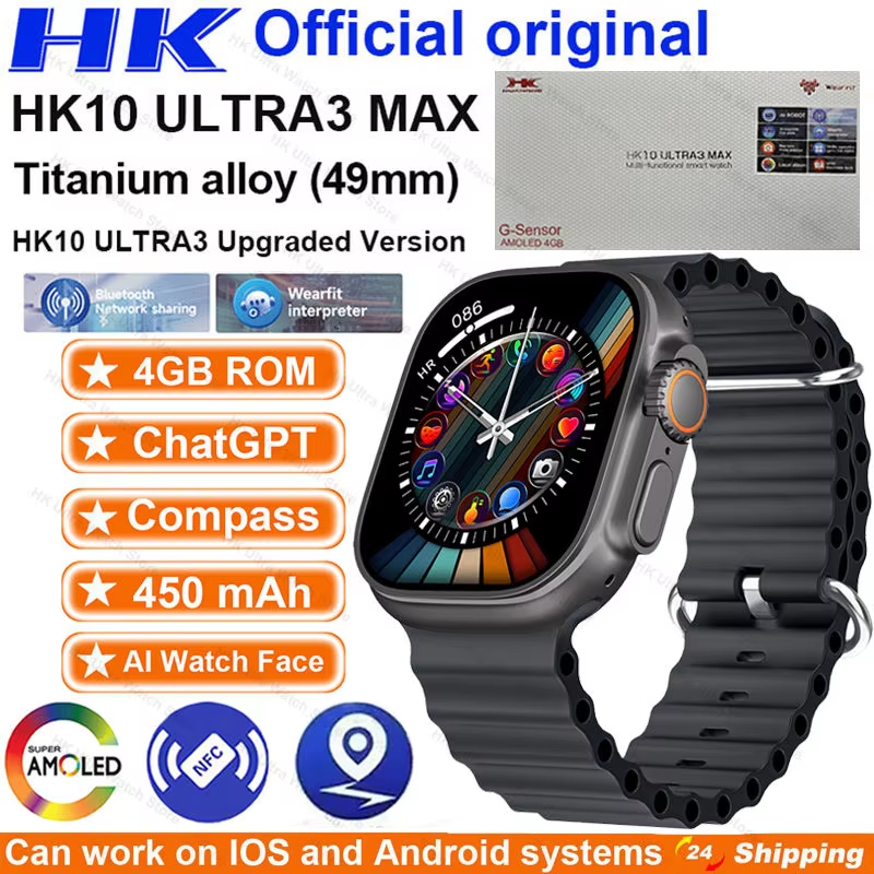 HK10 Ultra 3 Max Gen 7 AMOLED Smart Watch 2GB ROM NFC Compass ChatGPT Photo Album Connect TWS ...