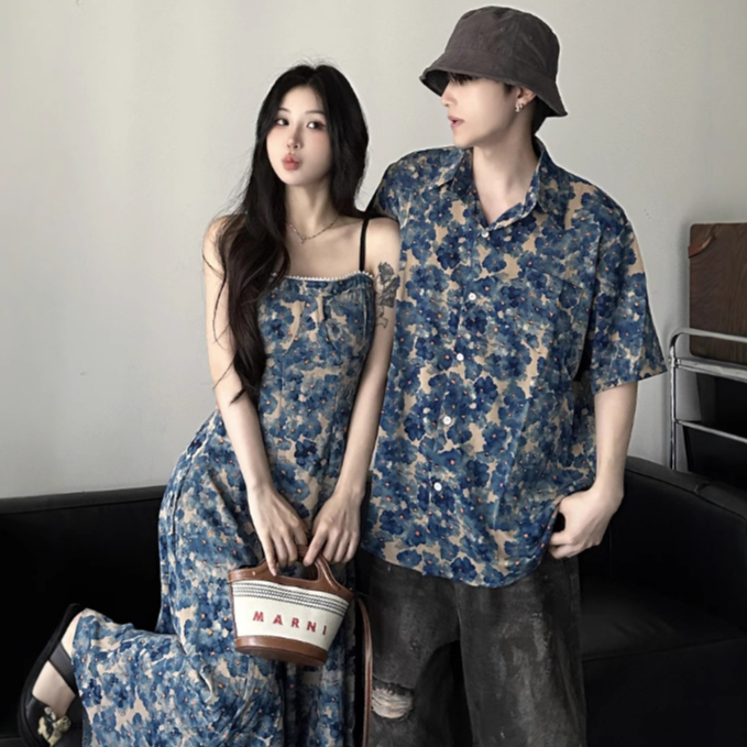 Couple Wear French Retro Floral Suspender Beach Dress One Piece One ...