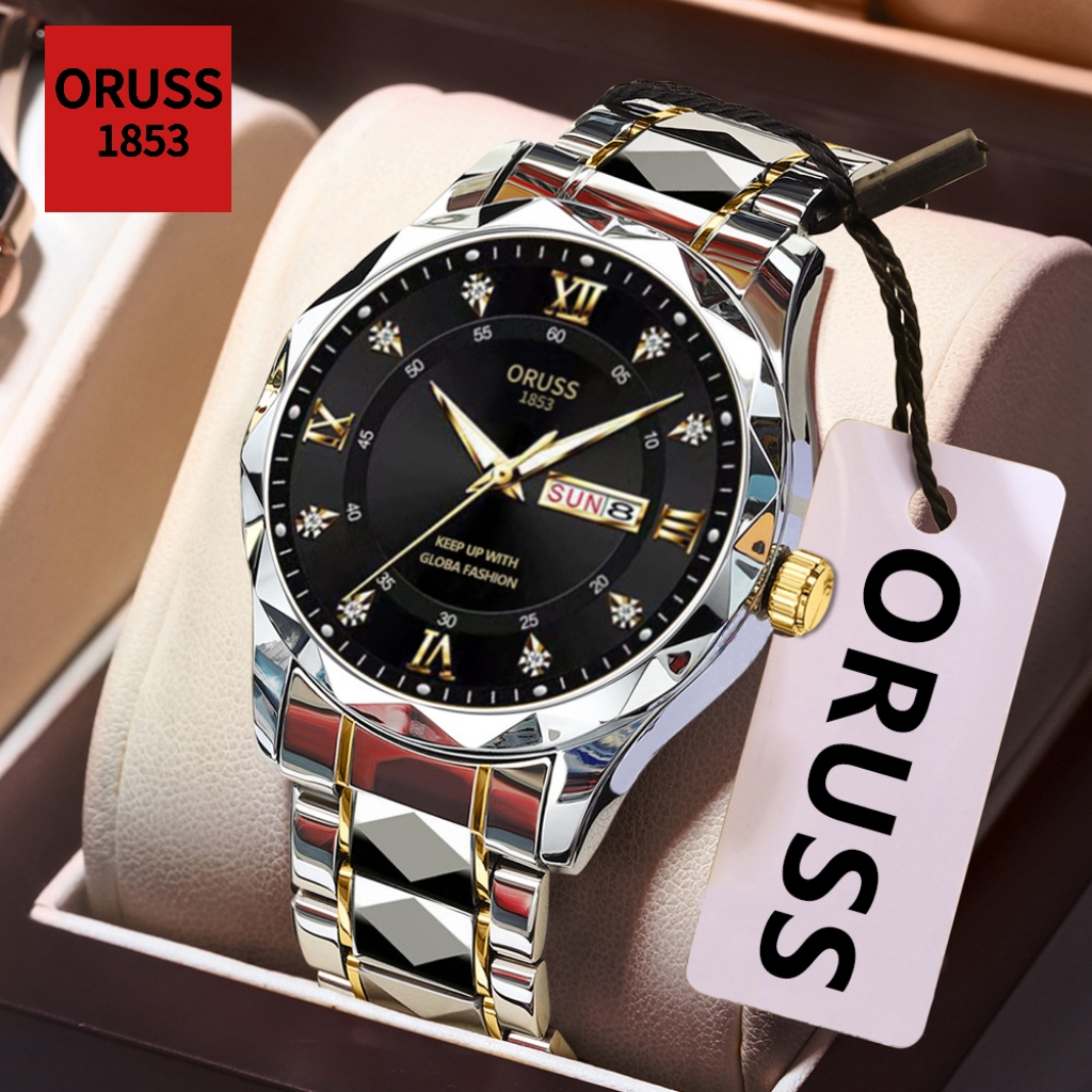 ORUSS Original Men Stainless Steel Dual Calendar Luminous Waterproof ...