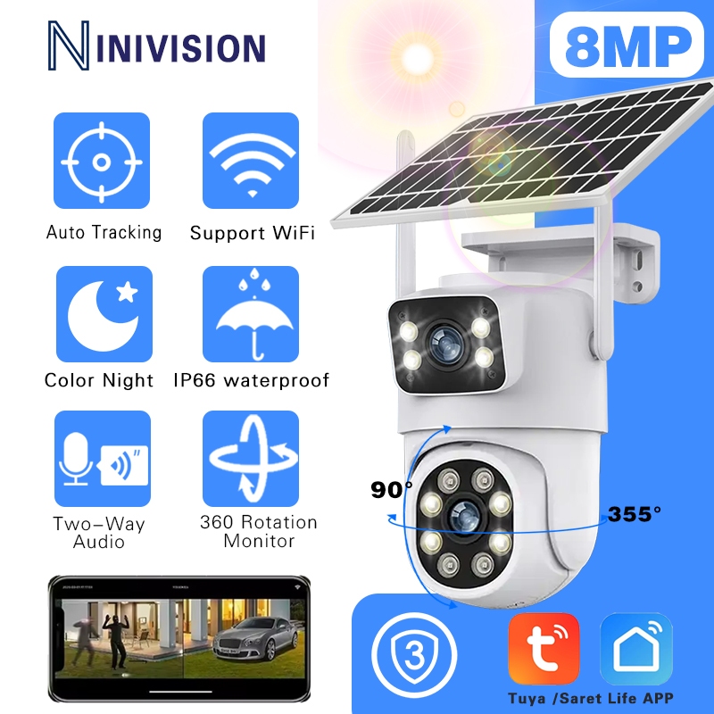 NINIVISION 8MP Solar Security Camera | Dual Lens, PIR Detection, 2-Way ...