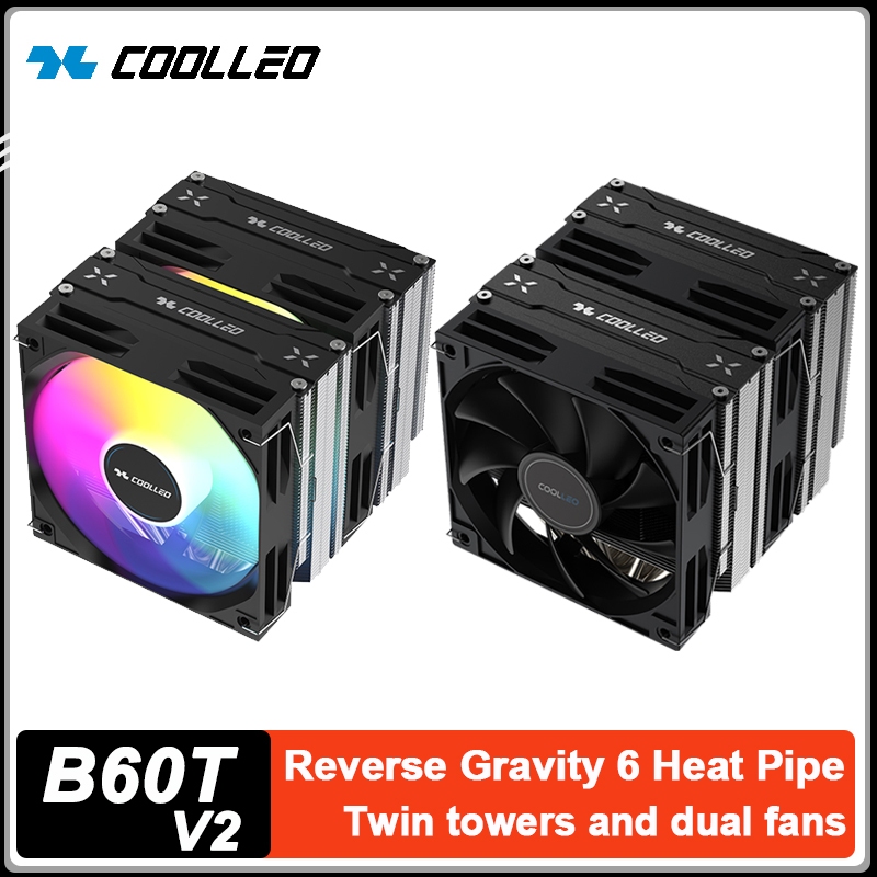 COOLLEO B60T V2 Air cooled CPU Cooler Twin towers Dual fans 6 Heat ...