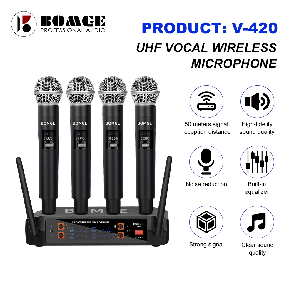 BOMGE V420 4 Channel Wireless Microphone System UHF 4 Handheld Mic ...