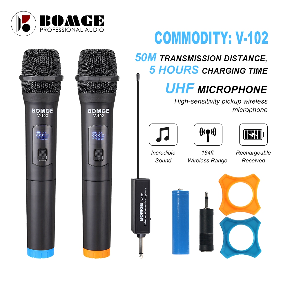 BOMGE V102 Wireless Microphone system 2 Handheld Microphone DVD PC Mic ...