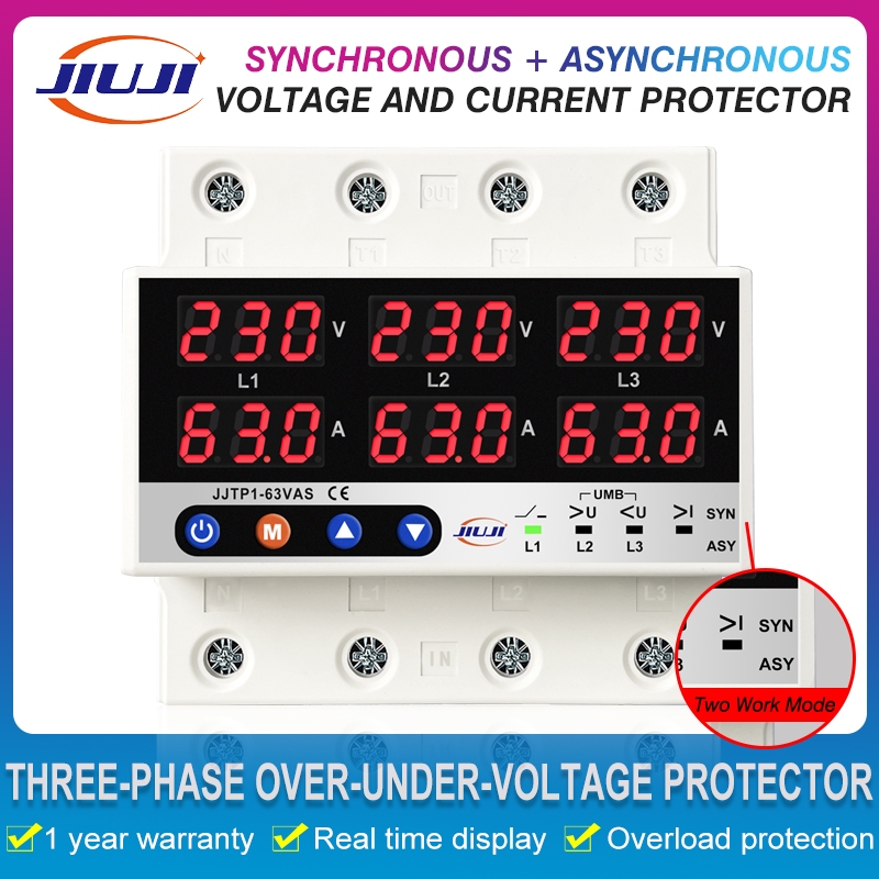 3 Phase 63A Din rail adjustable Voltage current limit Relay Protector ...