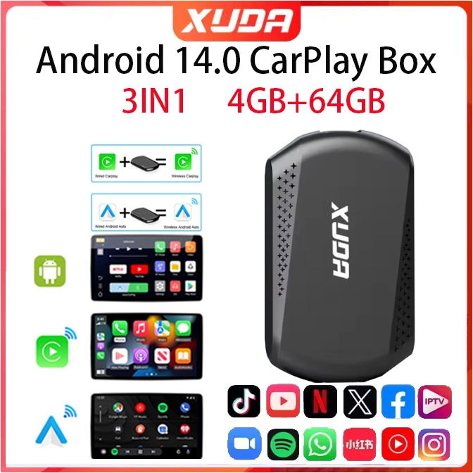 XUDA 2025 New 4+64GB Android 14 3In1 Wireless CarPlay Ai Box Wireless ...