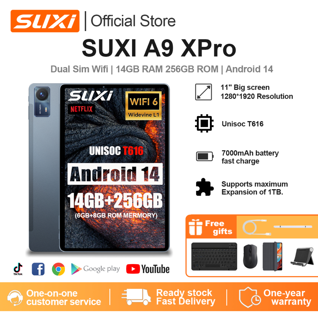 SUXI A9 XPro 14GB+256GB Official Android 14.0 Tablet 11-inch IPS Screen ...
