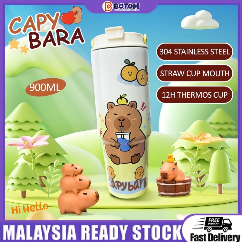 BOTOM 900ML Capybara Tumbler With Straw 304 Stainless Steel Cute Botol ...