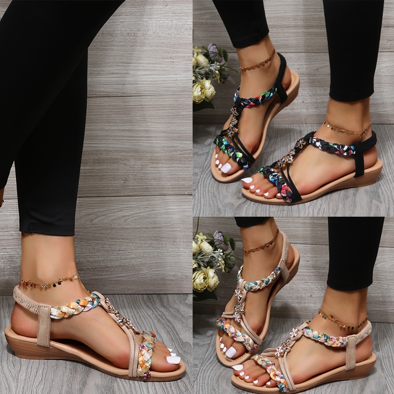 Size 35-42 Bohemian style sandals for women, metal color blocked open ...