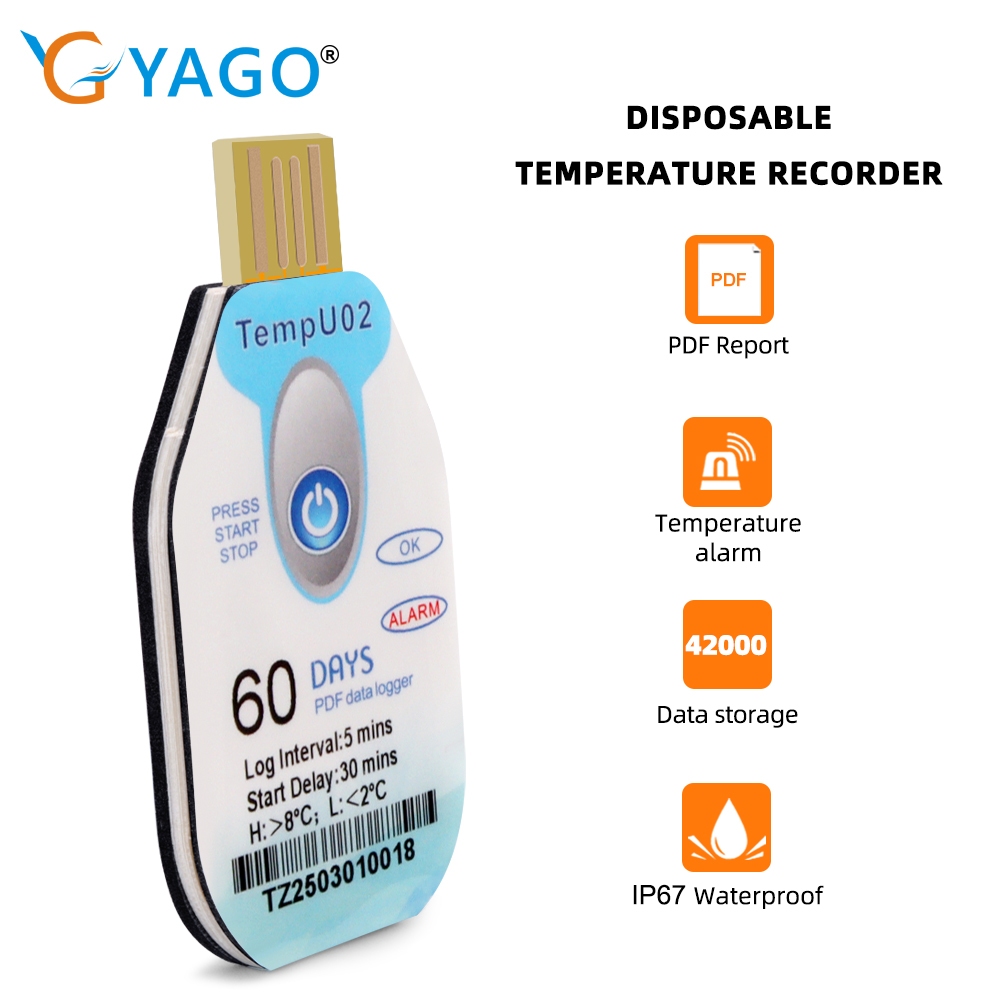 YAGO TempU02 Disposable Temp Logger 120 Days 180 Days PDF Data Recorder ...