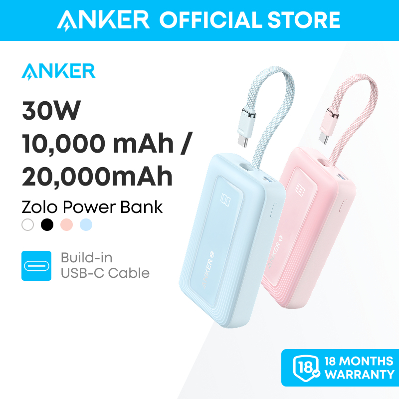 Anker Zolo Power Bank 10,000mAh/20,000mAh 30W Portable Charger with Built-in USB-C Cable for ...