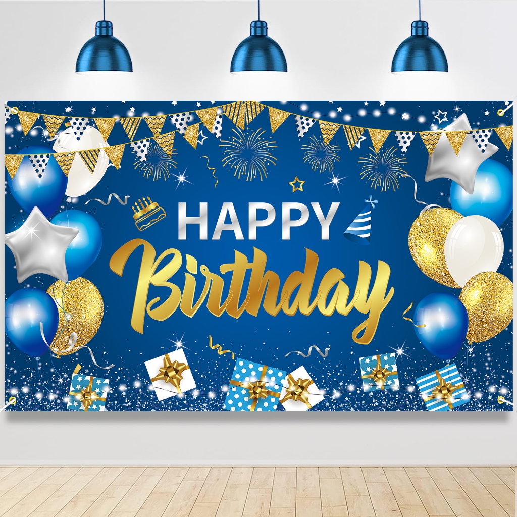 Navy Blue Happy Birthday Backdrop Banner 180x110cm, Blue Gold Birthday Party Decoration Sign ...