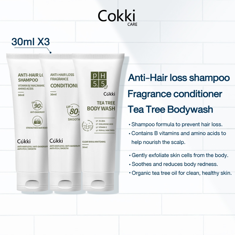 Cokki Travel Pack Syampu ANTI RAMBUT GUGUR + Perapi + Pencuci Badan 30mlx3 | Shopee Malaysia