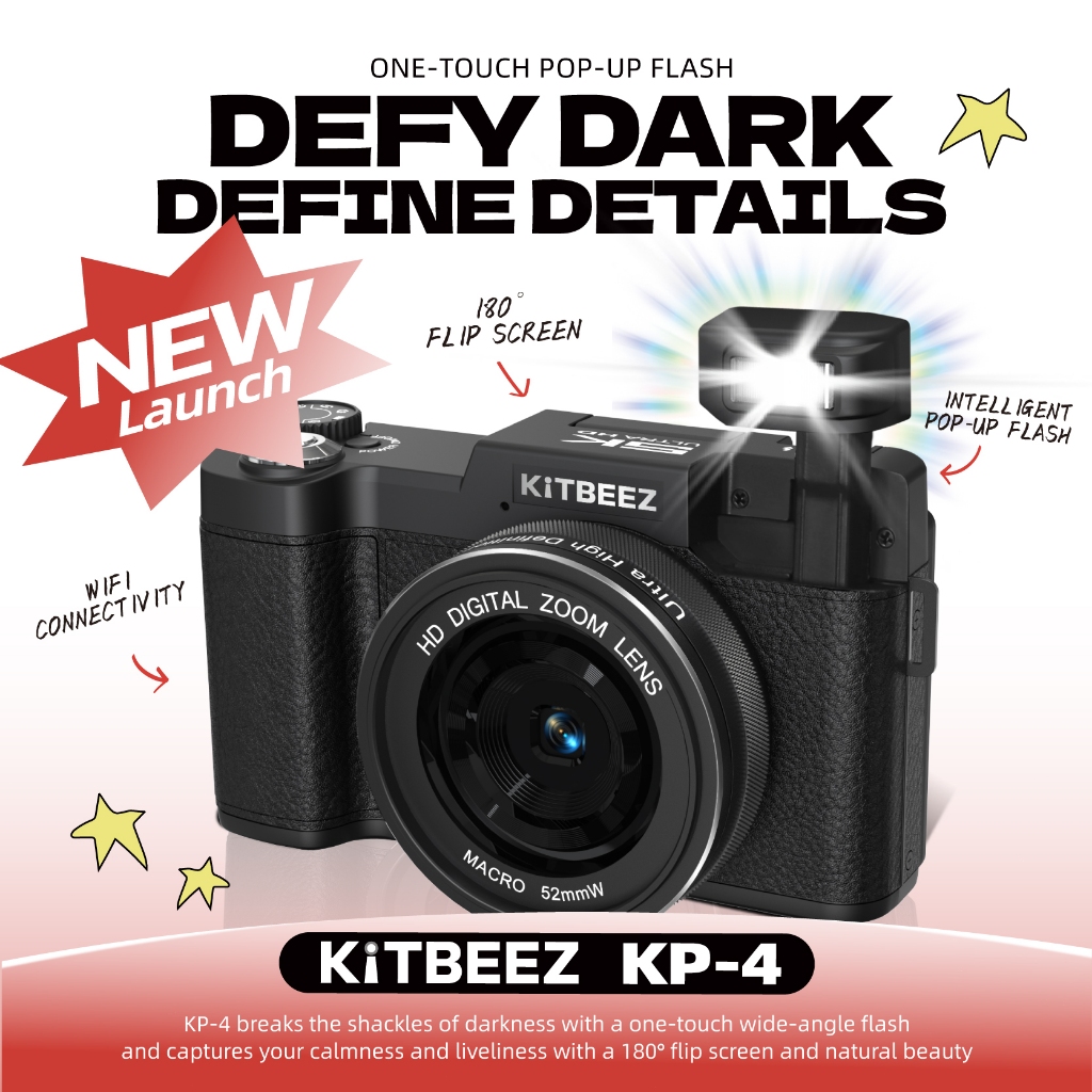 KiTBEEZ KP-4 5K WiFi Digital Camera 75MP 18X Zoom Autofocus Pop-Up ...