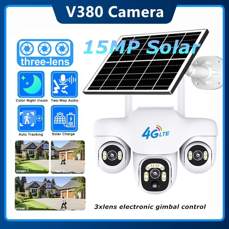 15MP PTZ Triple Lens 10X Zoom Solar Camera Outdoor Triple Screen 4G ...