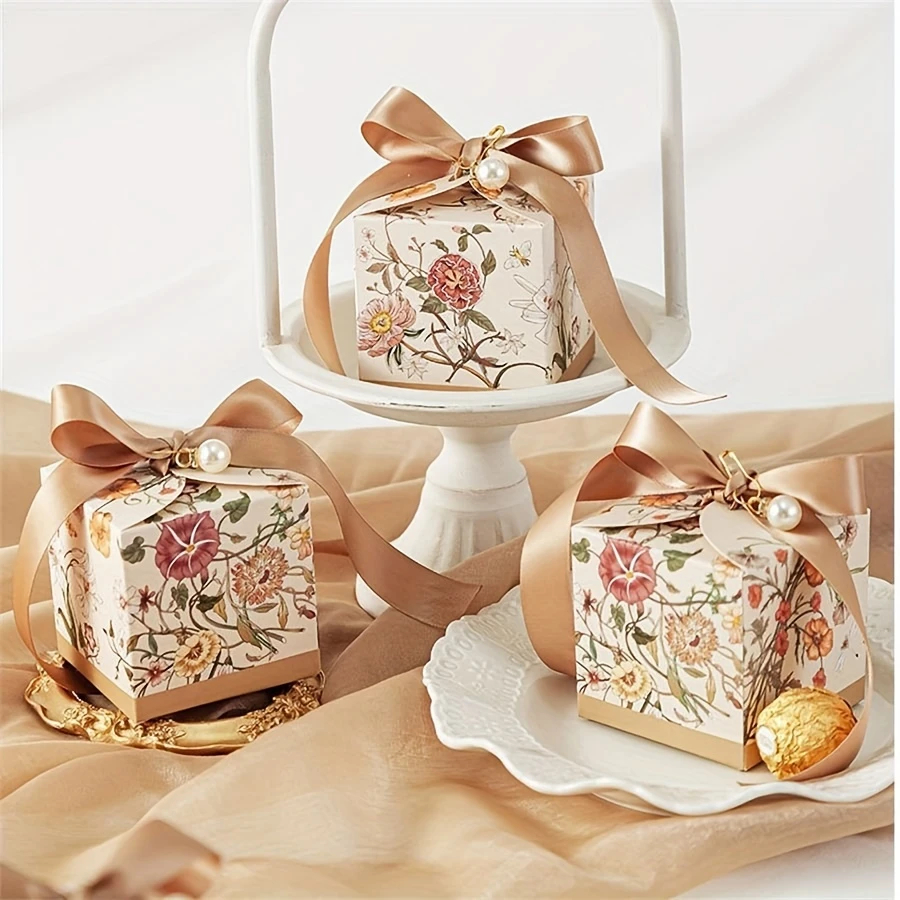 20-100pcs Elegant Floral Square Paper Gift Boxes with Ribbon & Pearl ...