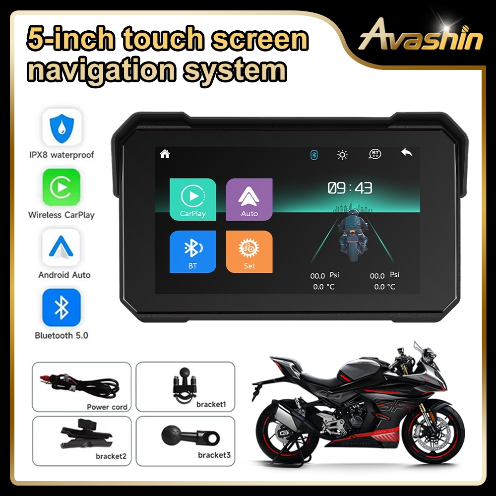 AVASHIN 5-inch Motorcycle Navigator Wireless CarPlay IPX8 Waterproof ...