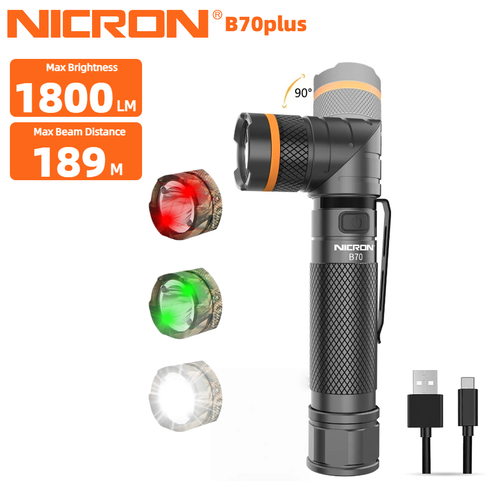 NICRON B70 Magnet 90° Twist Rechargeable Flashlight Handfree 1800lumen ...