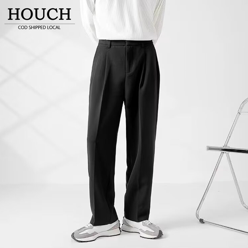 HOUCH COD Men Suit Pants Korean Loose Fit Causal Plain White Pants High ...