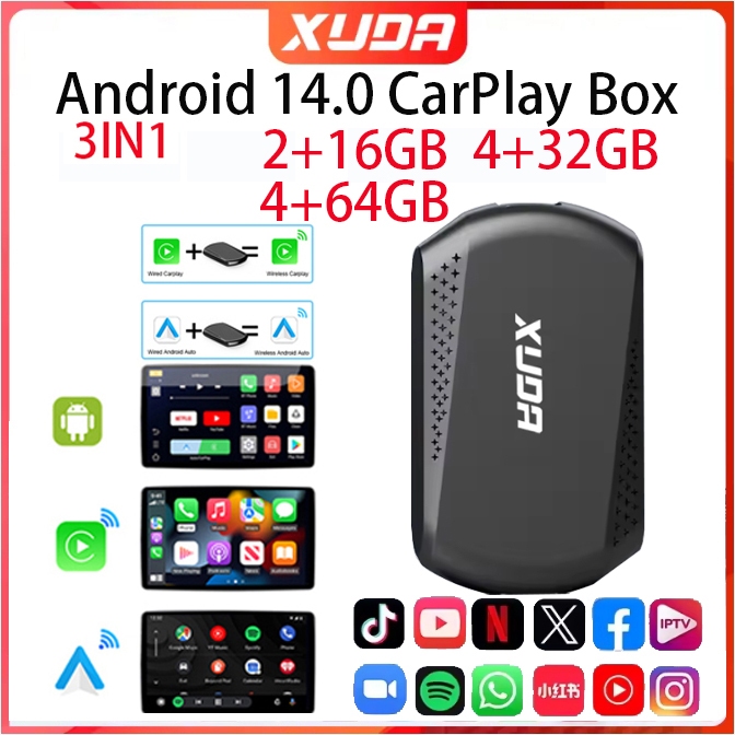 XUDA New 4+64GB Android 14 3In1 Wireless CarPlay Ai Box Wireless ...