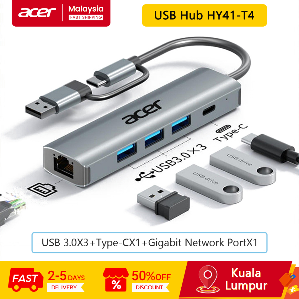 Acer USB Hub HY41-T4 5-In-1 450MB/S Transmission Speed Multifunction Adapter For Windows,Mac OS ...