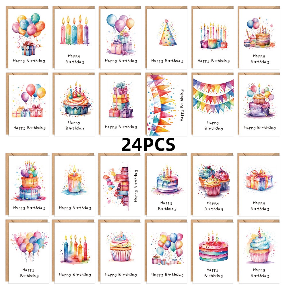 24 Pack Bright Watercolour Birthday Cards with Envelopes , Birthday ...