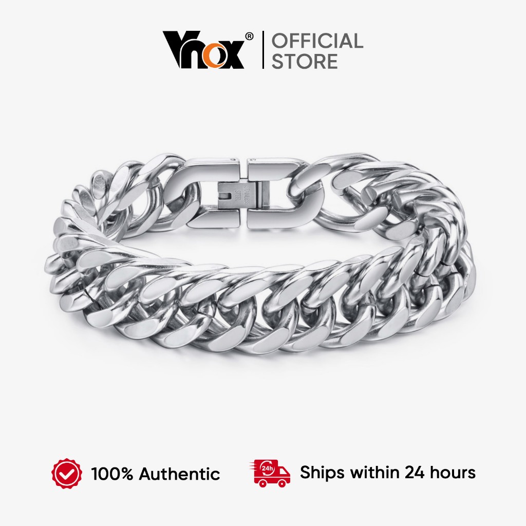 Vnox Fashion 12/15MM Width Stainless Steel Cuban Chain Bracelets for Men, Silver Color Fashion ...