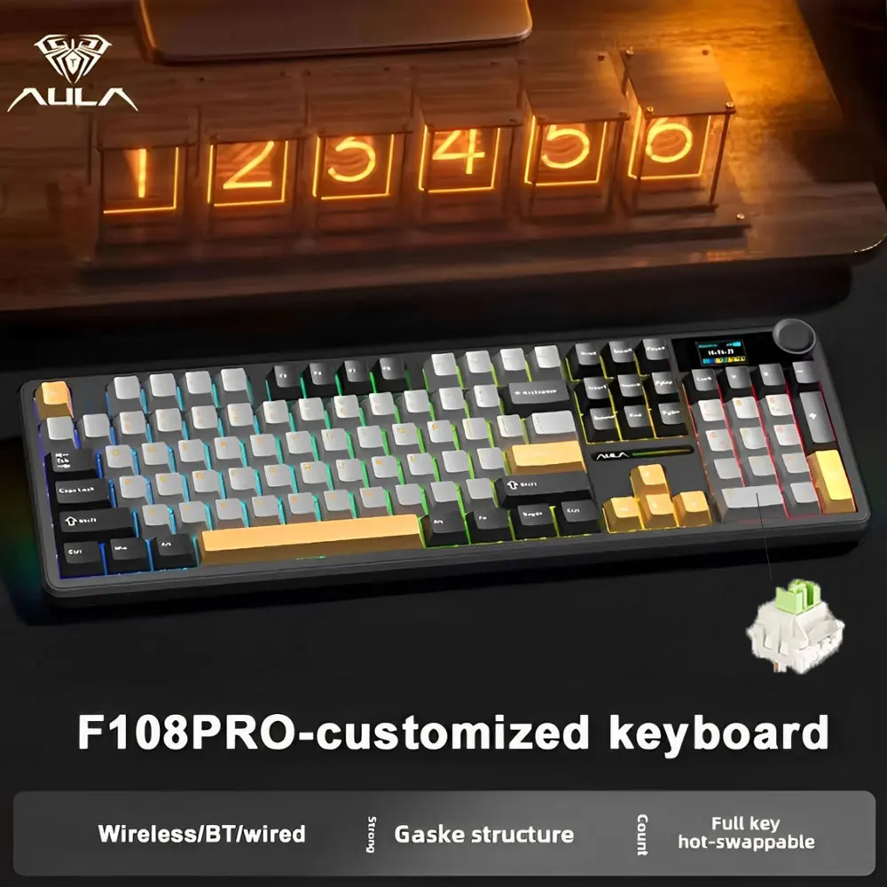 AULA F108 Pro 3 Mode Wireless Mechanical Keyboard with Display Konb RGB ...
