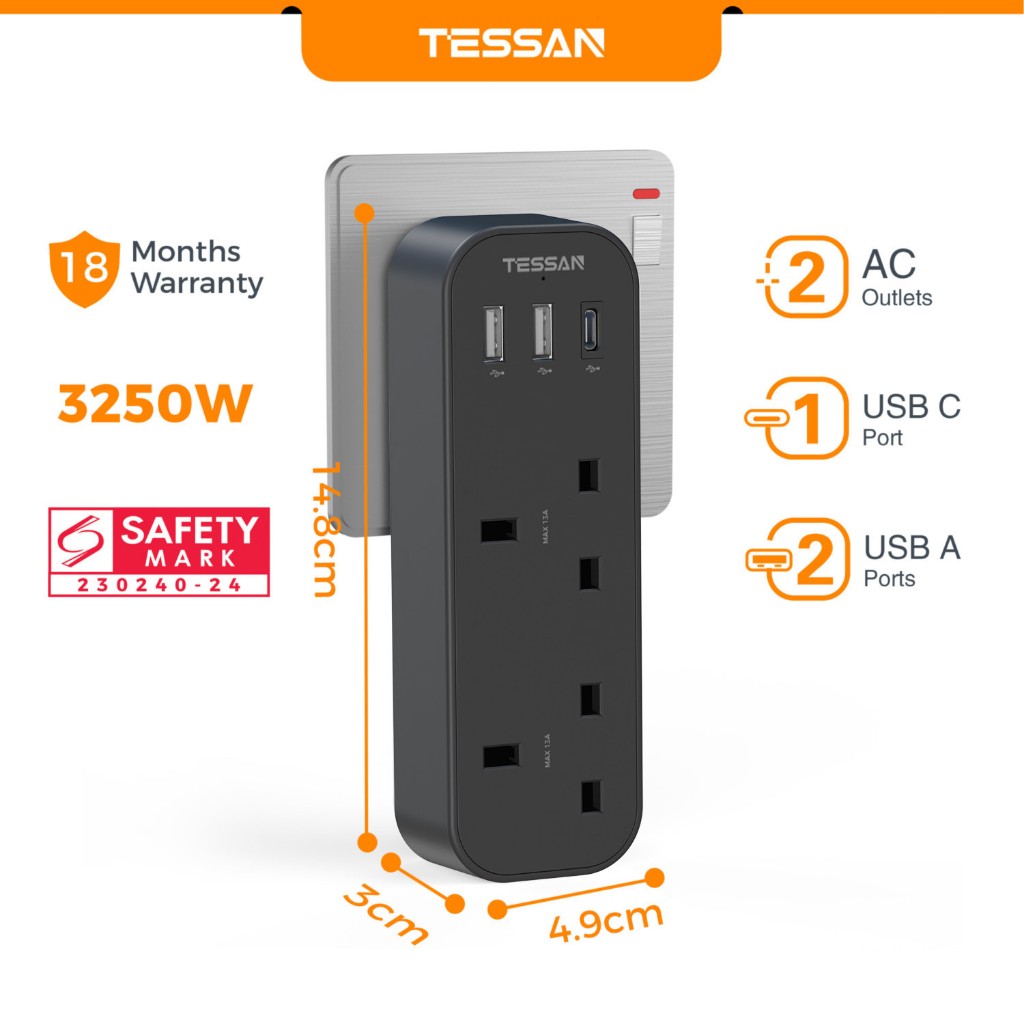 TESSAN Extension Plug with 2 USB+Type C，Multi Plug Power Extension ...