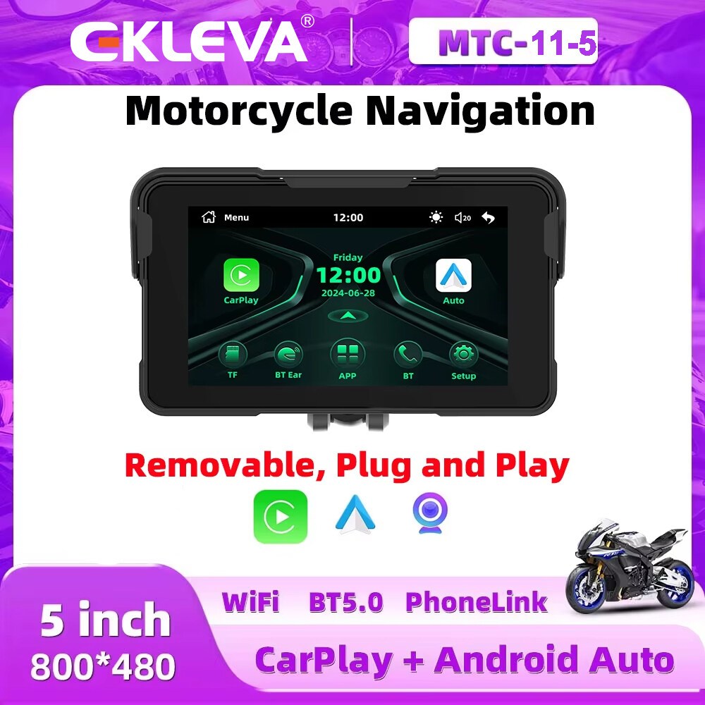 EKLEVA Wireless CarPlay Moto Android Auto Portable Digital Motorcycle ...