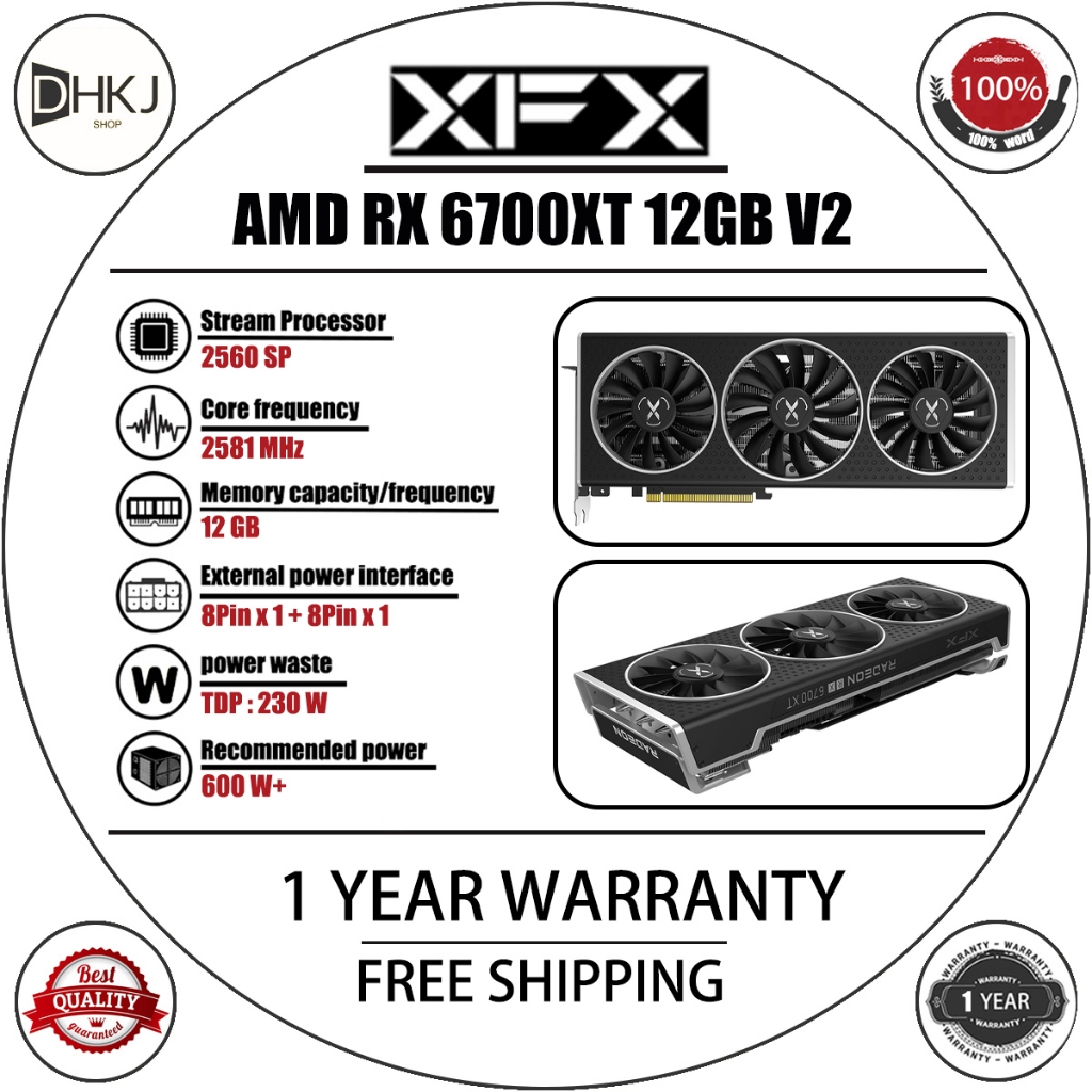 USED XFX RX 6700 XT 12GB V2 Graphics Card 2560SP 2581MHz GDDR6 12GB 1 ...
