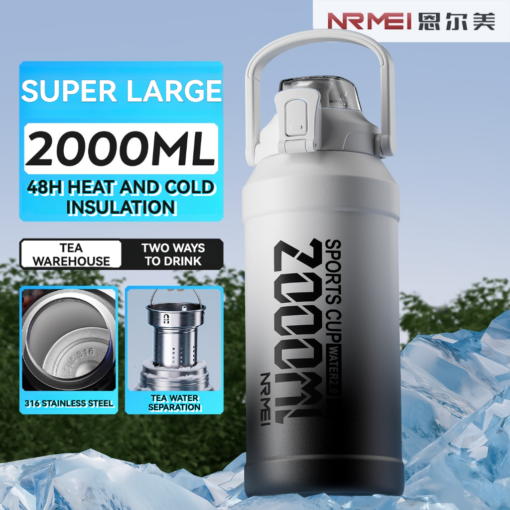 2000ml Thermos Water Bottle With Straw Handle 316 Stainless Steel Flask Vacuum Insulated Cold ...