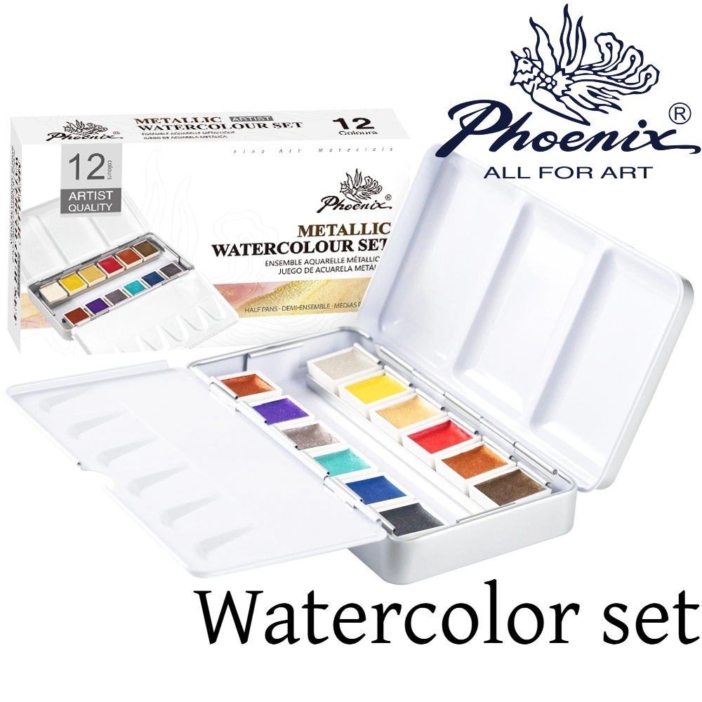 PHOENIX Metallic Watercolor Paints - 12 Half Pan Glitter Watercolor ...