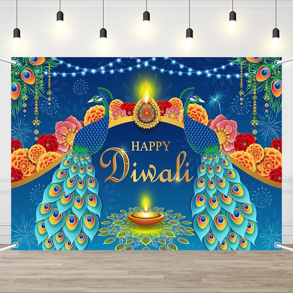 Happy Diwali Backdrop Indian Diwali Peacock Banner Rangoli Lantern ...