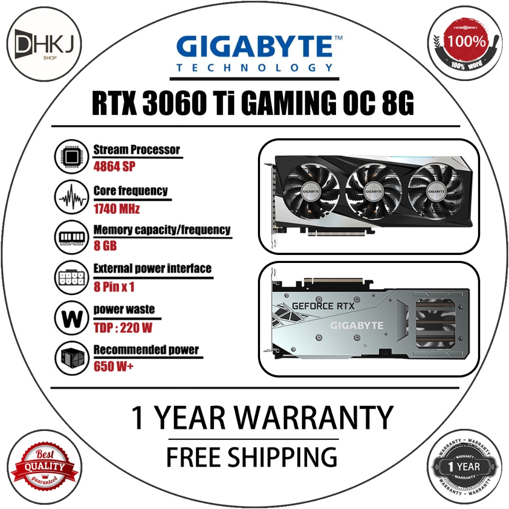 USED GIGABYTE RTX 3060 Ti GAMING OC 8G Graphics Card 8GB 4864SP GDDR6 ...