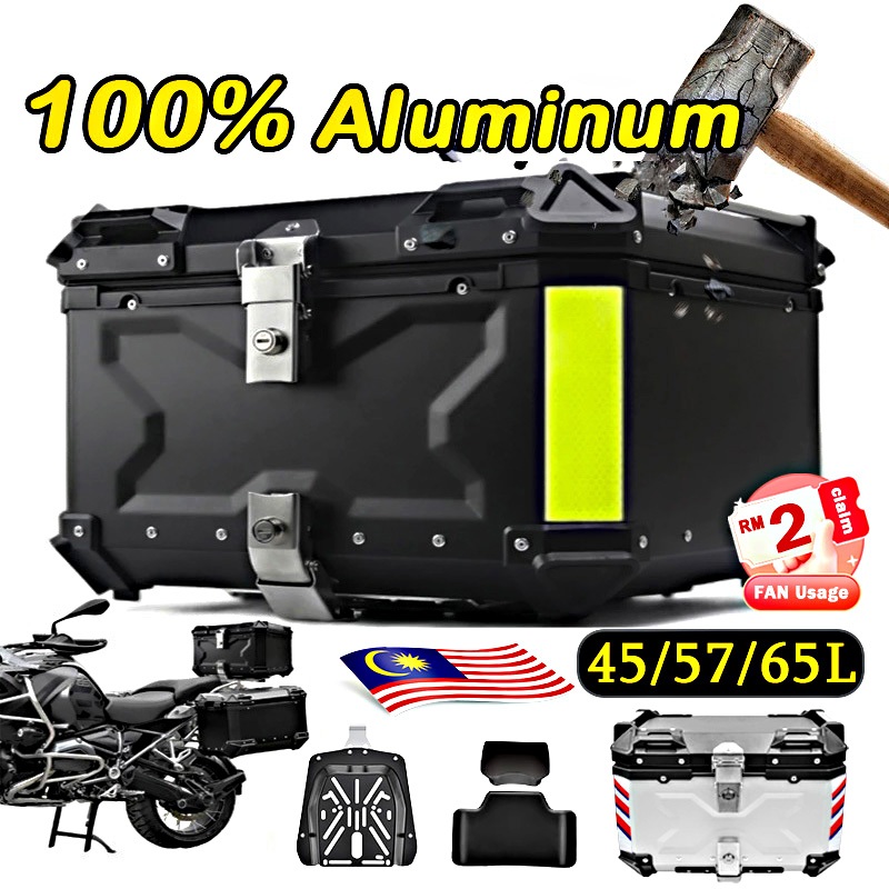 𝟰𝟱/𝟱𝟳/𝟲𝟱𝐋 Motorcycle Aluminium Top Box Waterproof Rack Aluminum Safety ...
