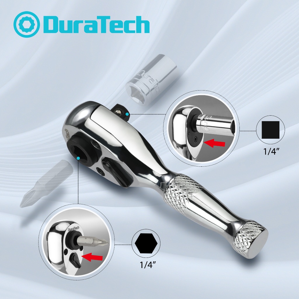 DURATECH 1/4-Inch Stubby Ratchet Wrench, Socket&Bit Driver, 72-Tooth ...