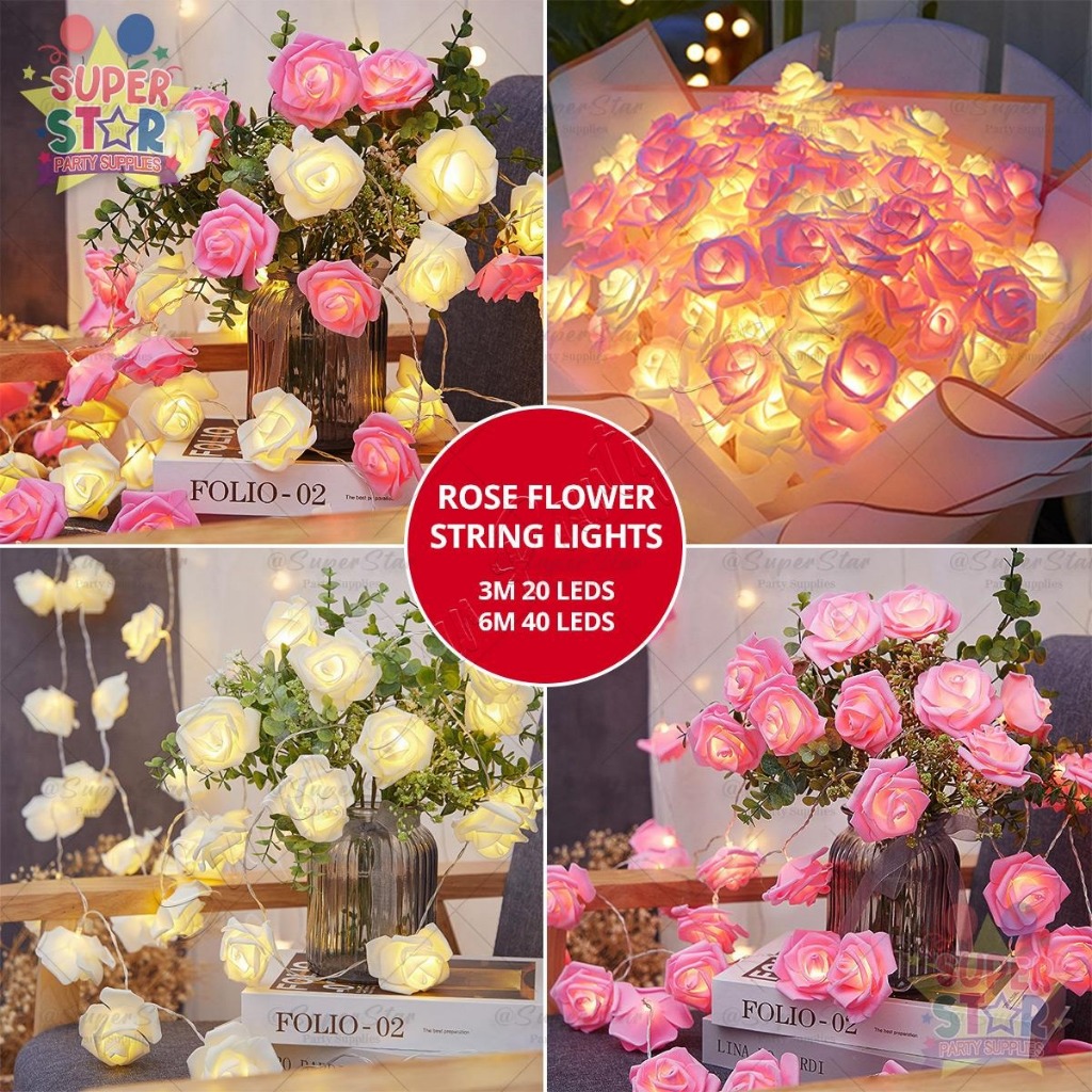 White Rose Flower LED Light Decorations Artificial Flower String Lights ...