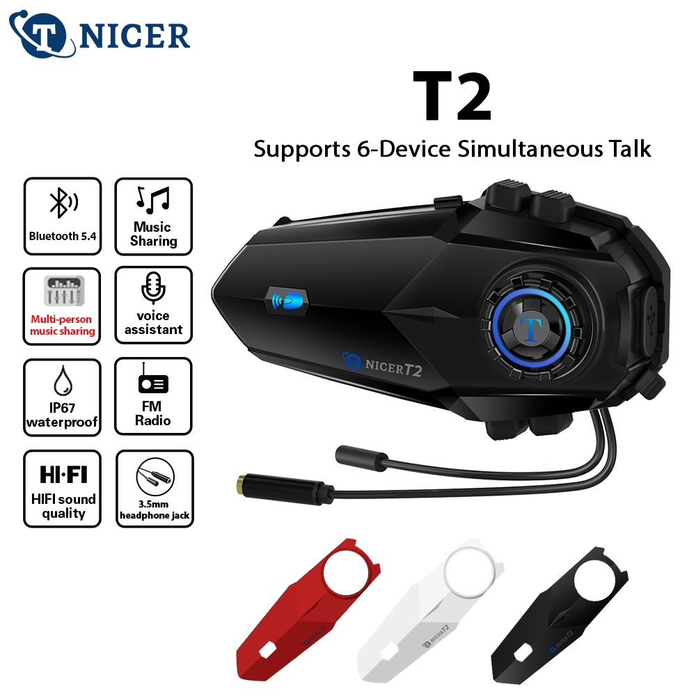 Tnicer T2+ Motorcycle Intercom Headset Bluetooth 5.4 - 6-Way Group Talk ...