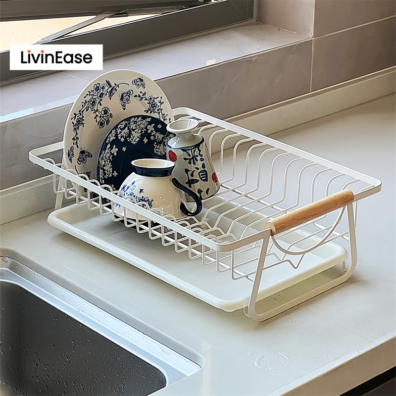 LivinEase Dish Rack Dual Wood Handle-Heavy Duty Carbon Steel Removable ...